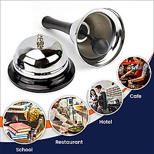 [4 Pack] Call Bell with Handle and Counter Bell - Silver Desk Bells, Stainless Steel Hand Bell, Loud Ring for Elderly, Doorbell, Hotel Reception, Restaurant, Kitchen, Store, School, Teacher