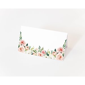 Wedding Table Place Cards, Graceful Floral Buffet Signs or Placards for Showers, Banquet, Greenery Folded Favor Tags, Tented, Blush and Gold, 25 Count