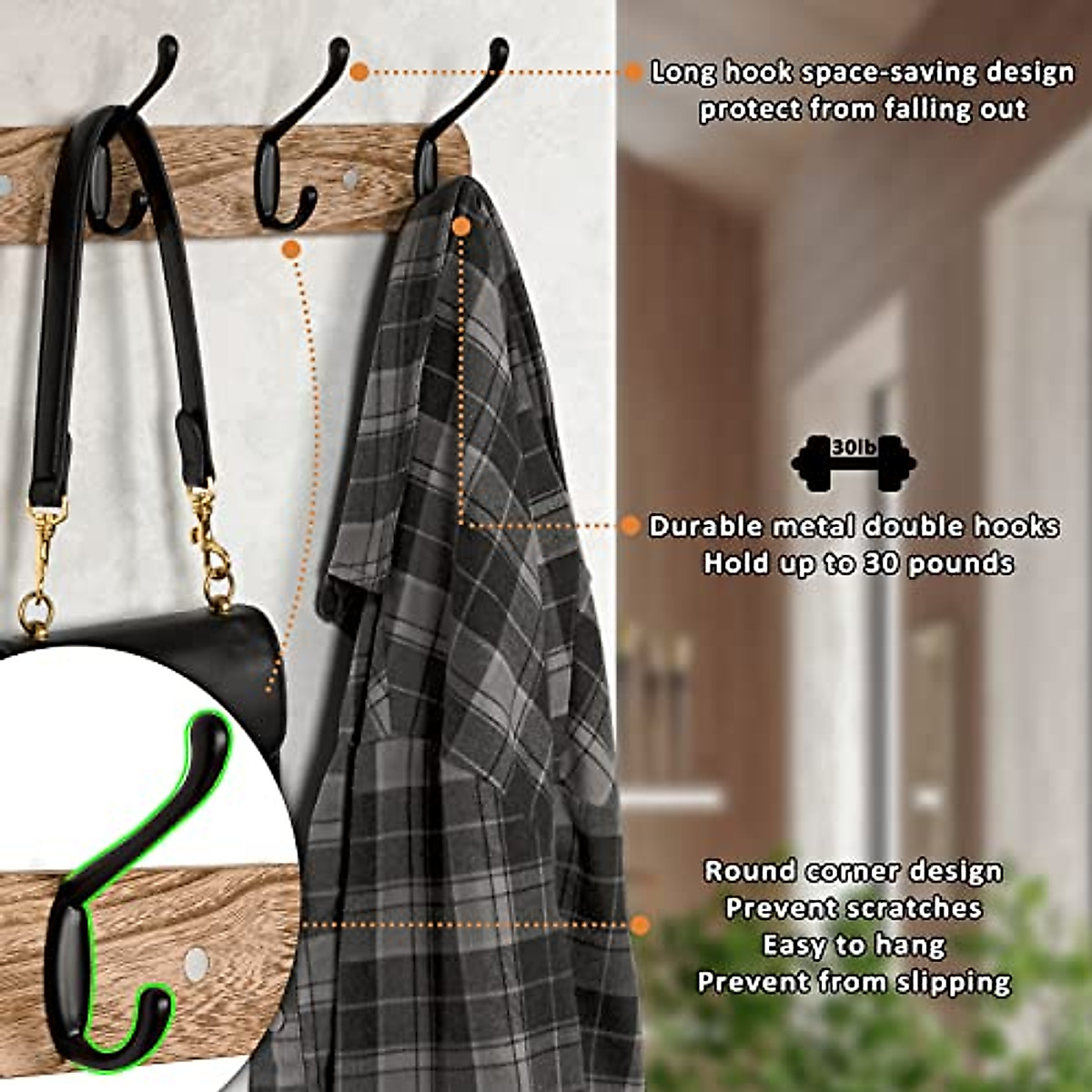 Yoimori Coat Hooks Wall Mount, Wood Coat Hooks Wall Mounted with 4 Wall Hooks, Wall Hangers Coat Rack Wall Mount for Entryway Living Room Bedroom(Carbonized Black)