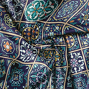 Lunarable Mosaic Fabric by The Yard, Portuguese Azulejo Moroccan Culture Ceramic Tiles European Oriental, Decorative Satin Fabric for Home Textiles and Crafts, 1 Yards, Yellow Purple