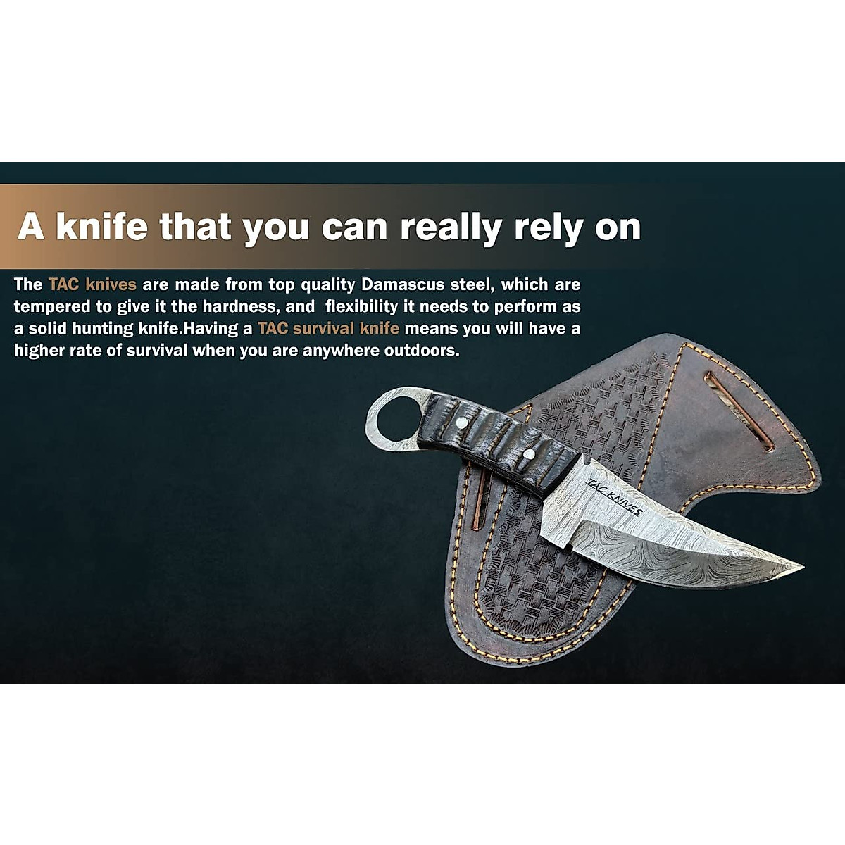 TAC Knives - Bushcraft Survival Knife12T27 Damascus Steel Fixed Blade outdoor Knife- Pakka Wood Handle - Pancake Leather Sheath - Traditional Field Knife for Camping Knife, Fishing, Hunting Knife, Men & Women - EDC Knife to Carry on Belt- (BLACK)