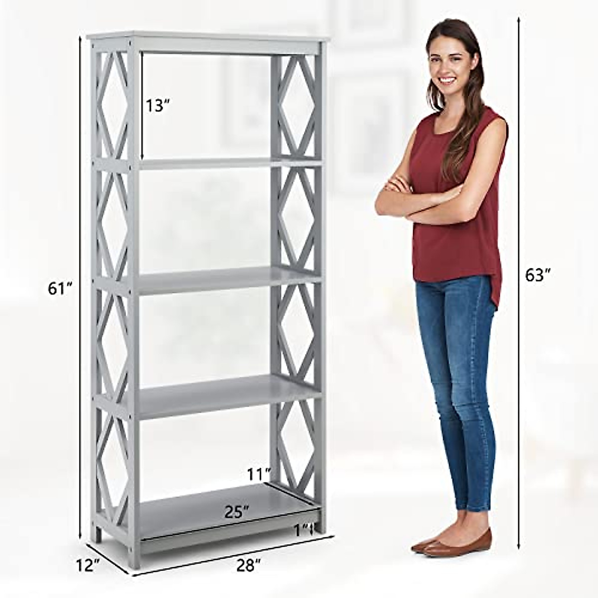 Giantex 5-Tier 61" Tall Wooden Bookshelf - Modern Freestanding Open Shelving Storage Display Shelf with Anti-toppling Device, Easy Assembly Bookcase Shelf Rack for Bedroom, Living Room, Grey