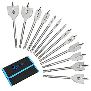 GMTOOLS 13 Piece Spade Drill Bit Sets, Paddle Flat Bit for Hole Cutter Woodworking, 1/4" to 1-1/2", Carbon Steel Paddle Flat Bit with Quick Change Shank, Nylon Storage Pouch Included