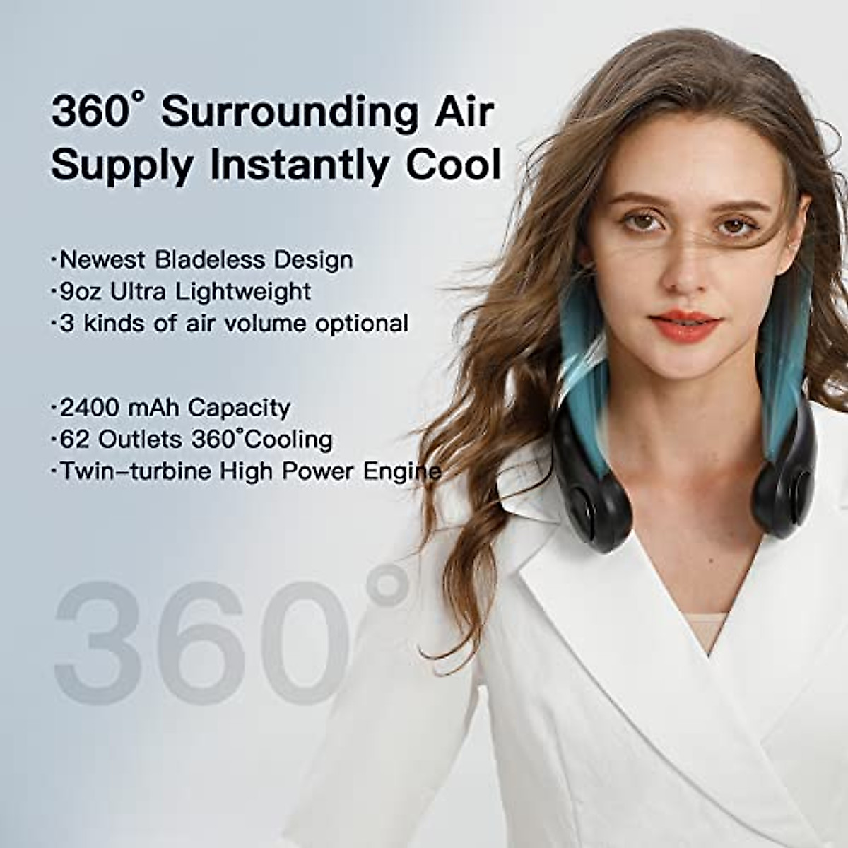 Neck fans portable rechargeable 2400mAh cufun portable neck fan 360° Surround Wind ventilador de cuello portatil 3 wind speeds bladeless rechargeable fan Gifts Outdoor Sports construction worker Black