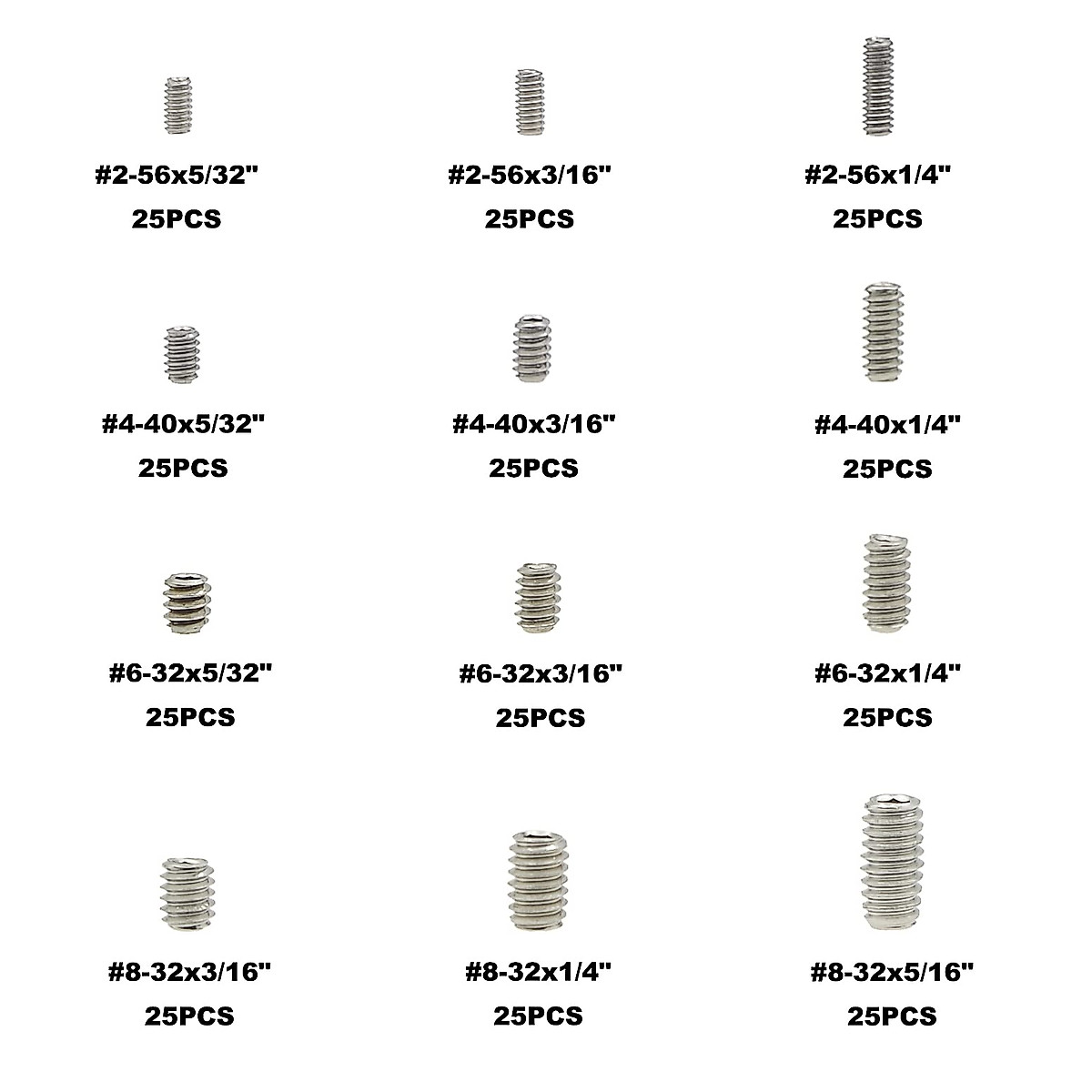 MCMASKE 300PCS #2-56#4-40#6-32#8-32 UNC 304 Stainless Steel Internal Hex Drive Cup Point Set Screws Assortment Kit