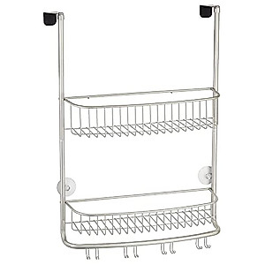 mDesign Extra Wide Stainless Steel Bath/Shower Over Door Caddy, Hanging Storage Organizer 2-Tier Rack with Hook and Basket, Holder for Soap, Shampoo, Loofah, Body Wash, Omni Collection, Matte Satin