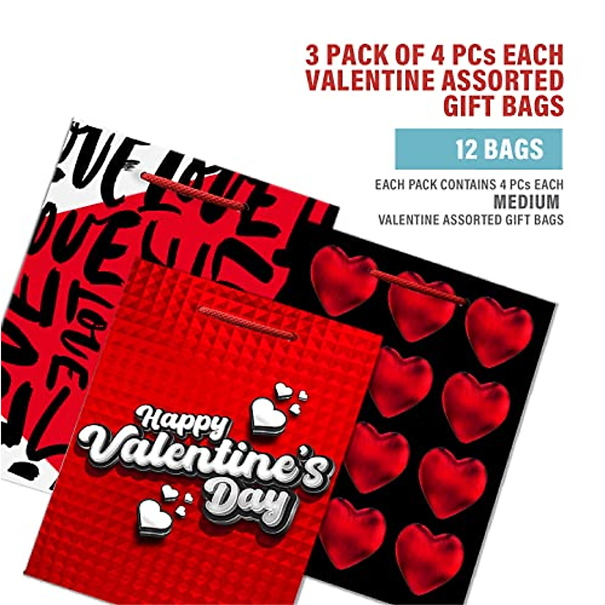 Easykart 12 PCs Valentines Day Paper Gift Bags with Handle 9.5 x 7.75 inch, Elegant Coated Art Paper Wrapping Bags Cardboard Bags for Valentine’s Day Party Favors Funny Gift Exchange Novelty Gift Giving Gift Wrapping