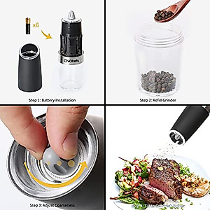 Electric Gravity Salt and Pepper Mill Set, Automatic Salt and Pepper Mill Grinder, Battery Operated with White LED Light, Adjustable Coarseness, One Handed Operation, Matte Black by ChiChefs