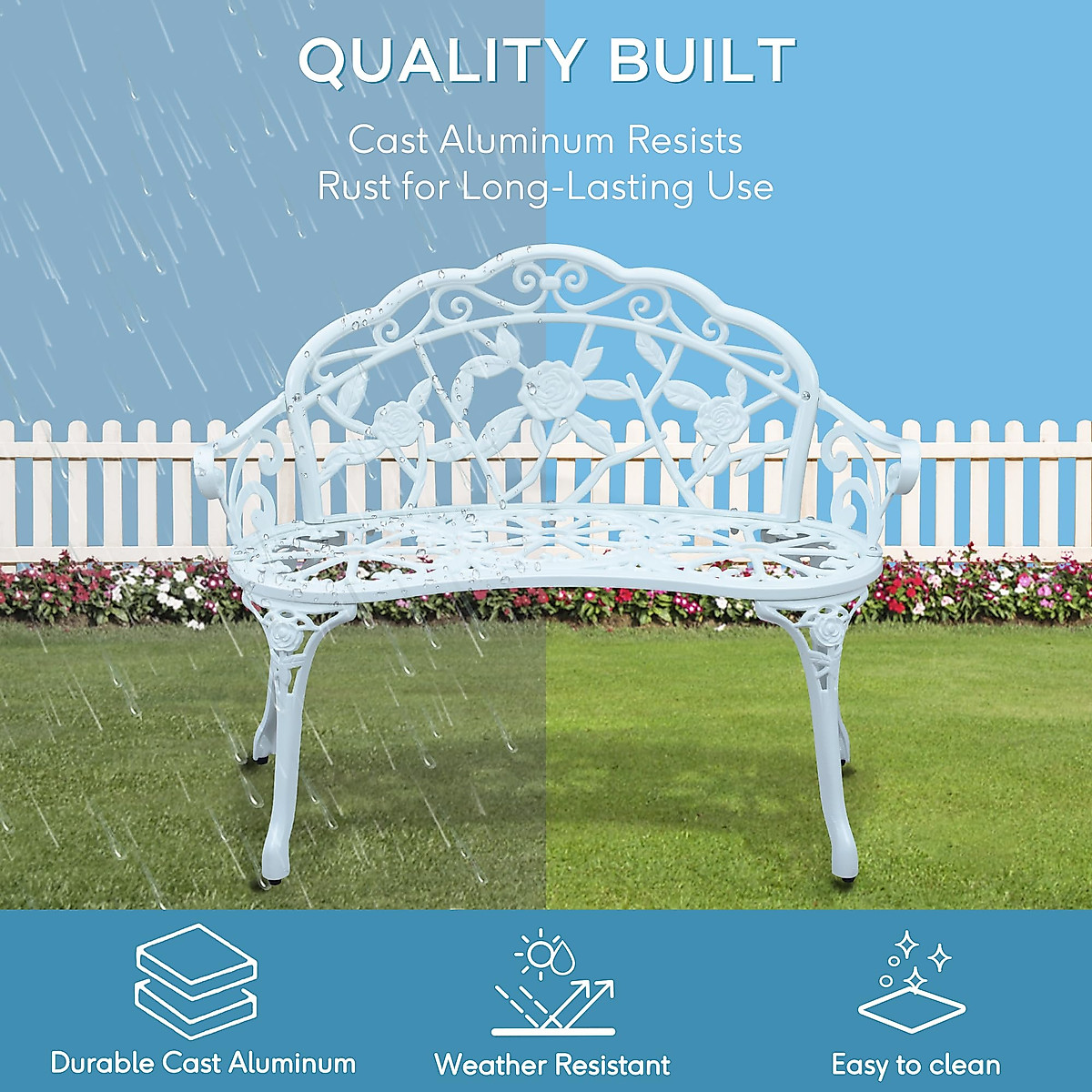 Sun-Ray Outdoor Patio Bench with Rose Detail in White, Cast Aluminum and Cast Iron Bench for Garden, Park, Patio, & Deck