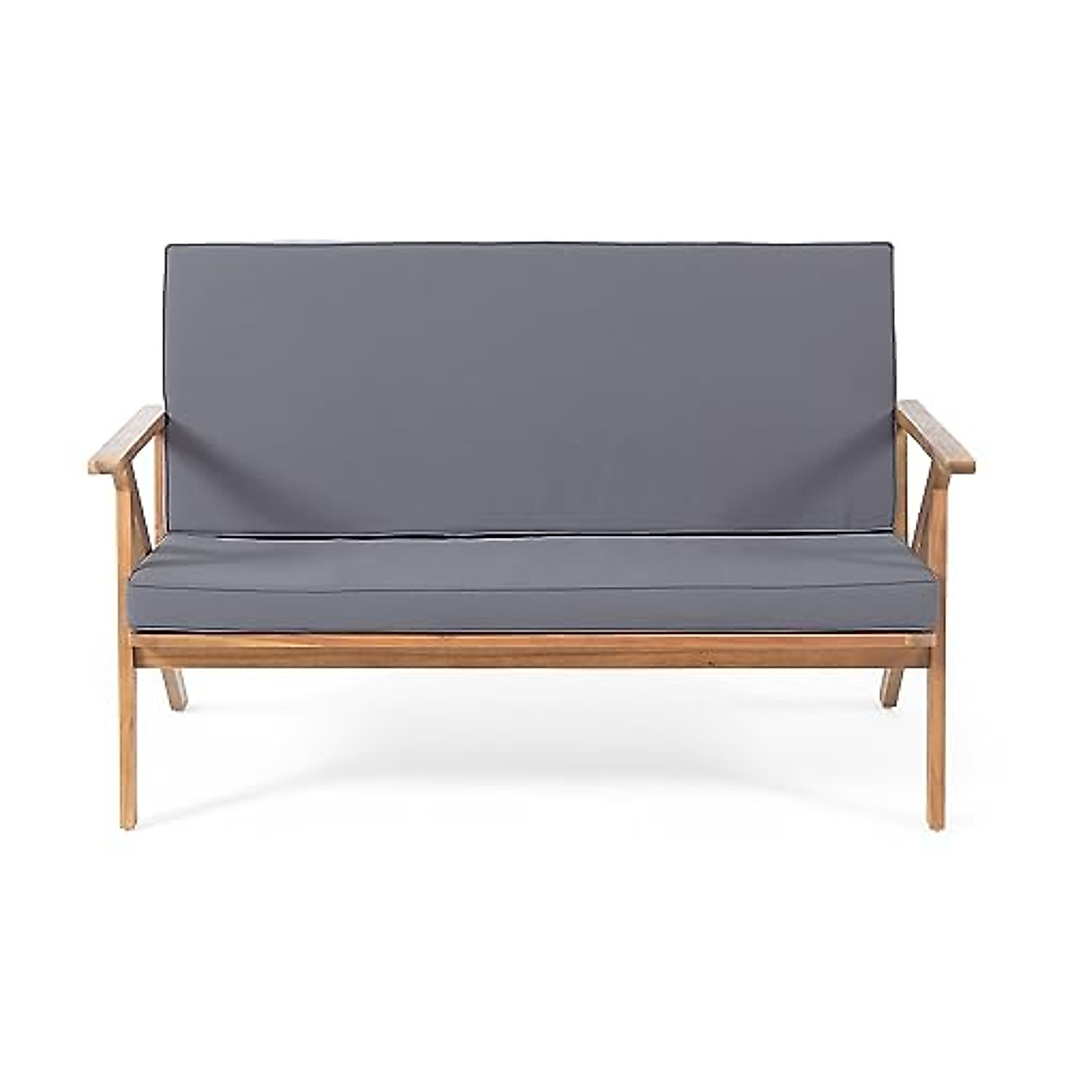 Christopher Knight Home Panama Outdoor Acacia Wood Chat Set with Water Resistant Cushions, 4-Pcs Set, Teak Finish / Grey