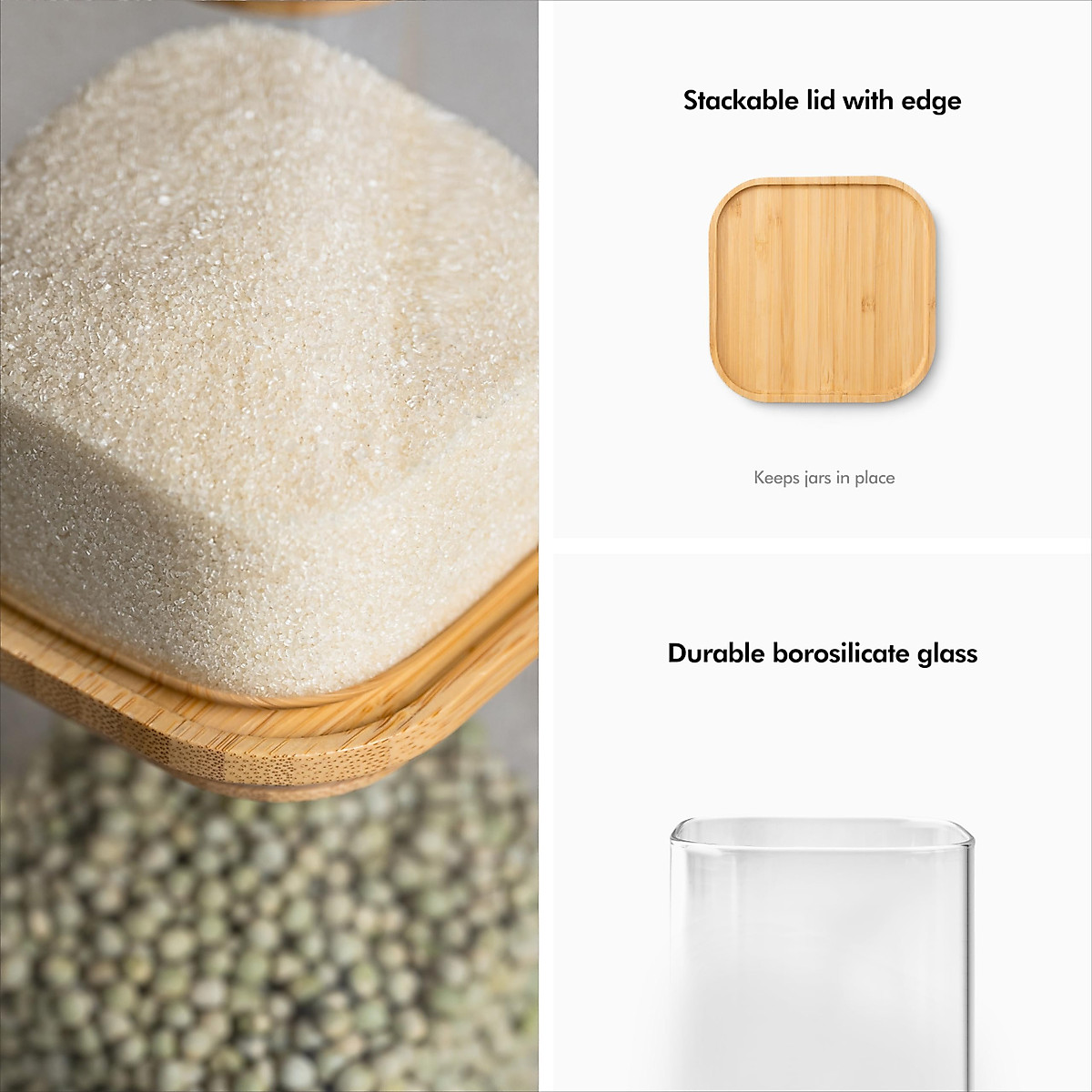 KIVY Square Glass Jars with Bamboo Lids [2x 74oz] Glass airtight food storage containers - Pasta containers storage - Spaghetti container - Pasta containers for pantry flour Jar - Large glass jars