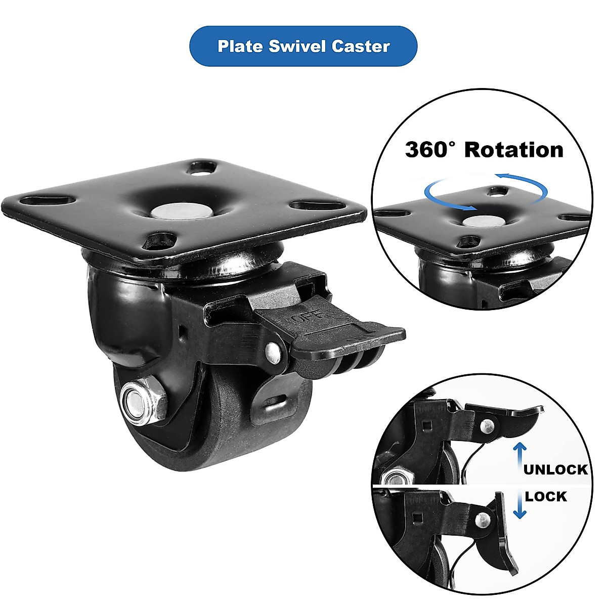 W B D WEIBIDA 2-inch Plate Swivel Caster Wheels Set of 4 Heavy Duty, Load Capacity 2200lbs, Low Gravity Center Black Extra Width Caster with Brake, Endurance &Quiet &Sturdy Nylon Wheels for Industrial