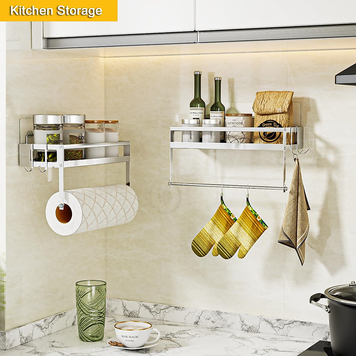 ESOW Paper Towel Holder with Shelf Storage, 2-in-1 Wall Mounted Paper Towel Roll Rack Basket for Kitchen, Balcony & Bathroom, Self-Adhesive or Drilling Installation, SUS304 Brushed Nickel Finish