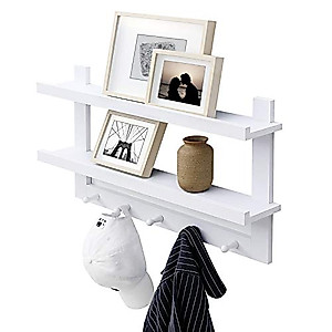 WELLAND 2 Tiers Entryway Floating Wall Shelf Hanging Shelf 29" L, Wall-Mounted Coat Rack Shelf with 5 Hooks for Hallway, Bathroom, Living Room, Bedroom,White