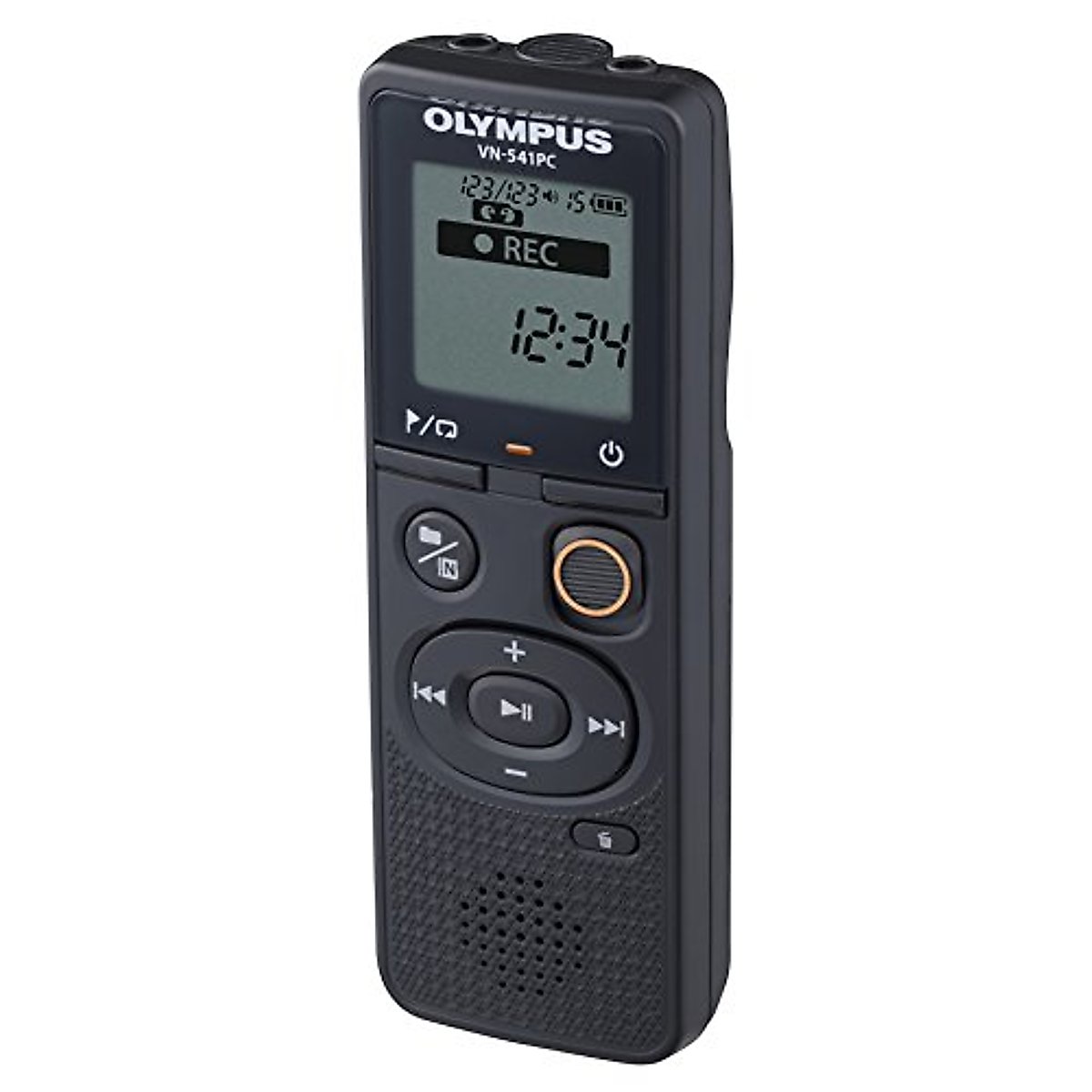 Olympus VN-541PC digital voice recorder with one-touch recording, noise-cancellation function, 4GB memory, four scenes recording, includes a micro-USB cable.