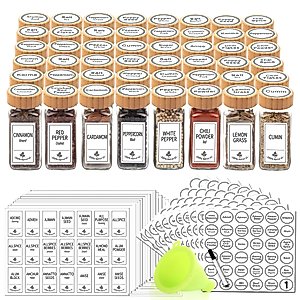SWOMMOLY 48 Glass Spice Jars with 806 White Spice Labels, Square Spice Bottles 4 oz Empty Spice Containers with Bamboo Lids, Chalk Marker and Funnel Complete Set.