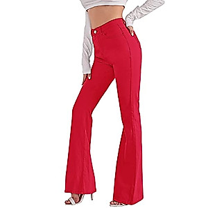 SweatyRocks Women's Casual Denim Pants Heart Print High Waist Stretchy Bell Bottom Flared Jeans Solid Red L