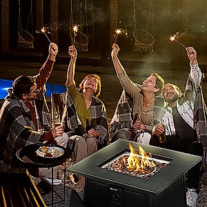 Four Seasons Courtyard Dual Heat 28 Inch Steel Square Gas Outdoor Backyard Tabletop Fire Pit with Lava Rocks and Steel Cover Lid, Black