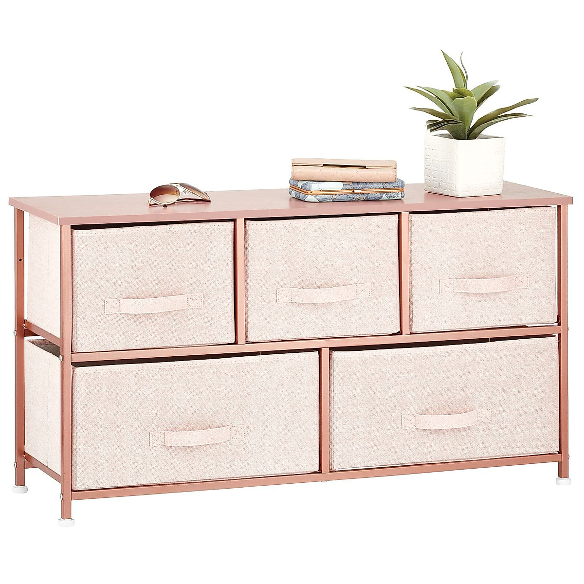 mDesign Chest of Drawers – Wide Set of Drawers with Wooden Top Shelf – Clothing Storage Tower for Socks, Underwear, Accessories – Pink/Rose Gold