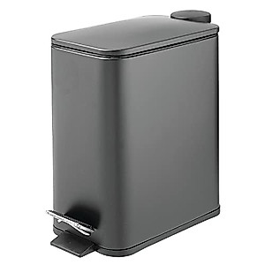 mDesign Slim Metal Rectangle 1.3 Gallon Trash Can with Step Pedal, Easy-Close Lid, Removable Liner - Narrow Wastebasket Garbage Container Bin for Bathroom, Bedroom, Kitchen, Office - Charcoal Gray