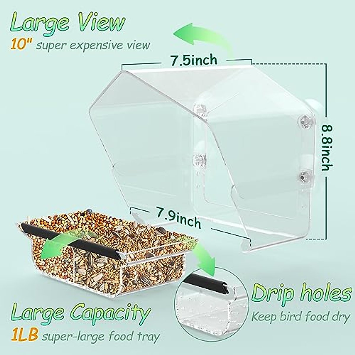 Ermete Window Bird Feeder with Strong Suction Cups, Large View Clear Bird Feeder Window, Adjustable Size Bird Window Feeder with Bird Seed Tray, Rain Proof Window Bird Feeders for Outside (S2)