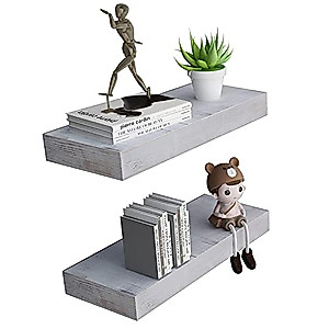 JOLLYMER Washed White Floating Shelves, 10 Inch Deep Wood Wall Shelf for Living Room, Bedroom or Bathroom, Farmhouse Style Home Decor