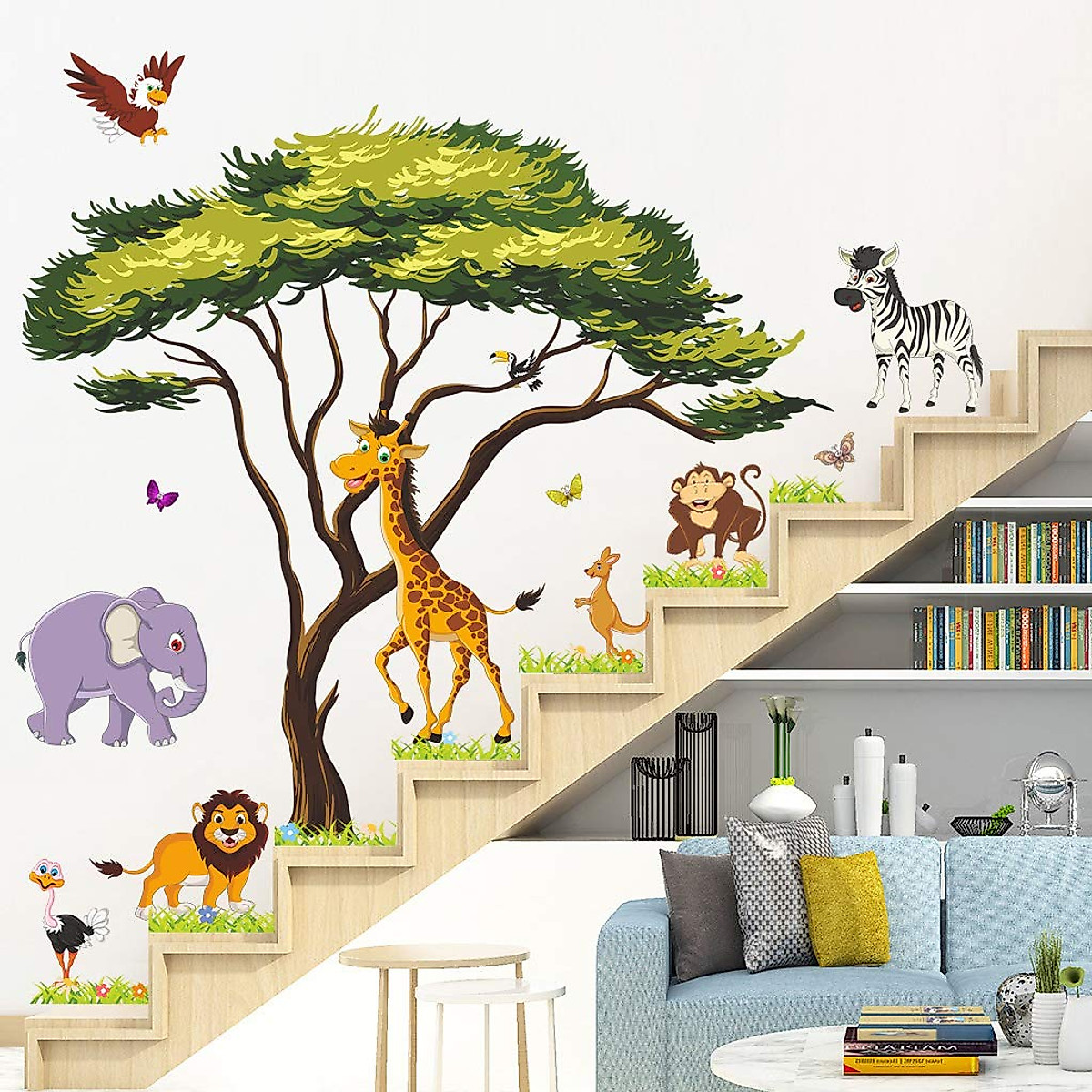 RW-1074 Cartoon Jungle Animal Wall Decals 3D Large Green Tree Wall Stickers DIY Removable Giraffe Lion Elephant Grass Wall Art Decor for Kids Baby Bedroom Living Room Nursery Playroom Home Decoration