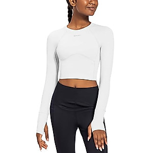 baleaf Women's Long Sleeve Crop Top Workout Athletic Shirt Running Top Slim Fit White S