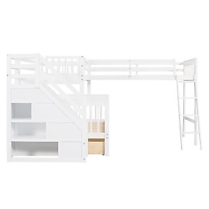 CITYLIGHT Twin Over Full L-Shaped Triple Bunk Bed for Kids, Wooden Corner Bunk Bed with 3 Storage Drawers Attached a Twin Loft Bed,Bunk Beds with Stairs and Ladder for Boys Girls Teens,Espresso