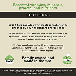 Complete Natural Products Pure Alfalfa Leaf (Medicago Sativa) - 100 Capsules - 630mg of Pure Dried Organic Alfalfa Leaf Powder in Veggie Capsules