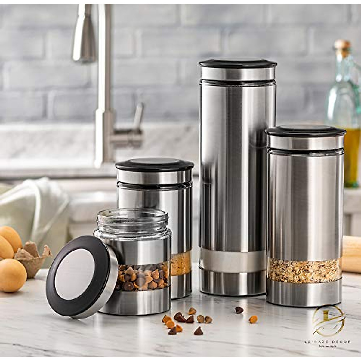 Le'raze Airtight Food Storage Container for Kitchen Counter with Window, [Set of 4] Canister Set Ideal for Flour Tea, Sugar, Coffee, Candy, Cookie Jar