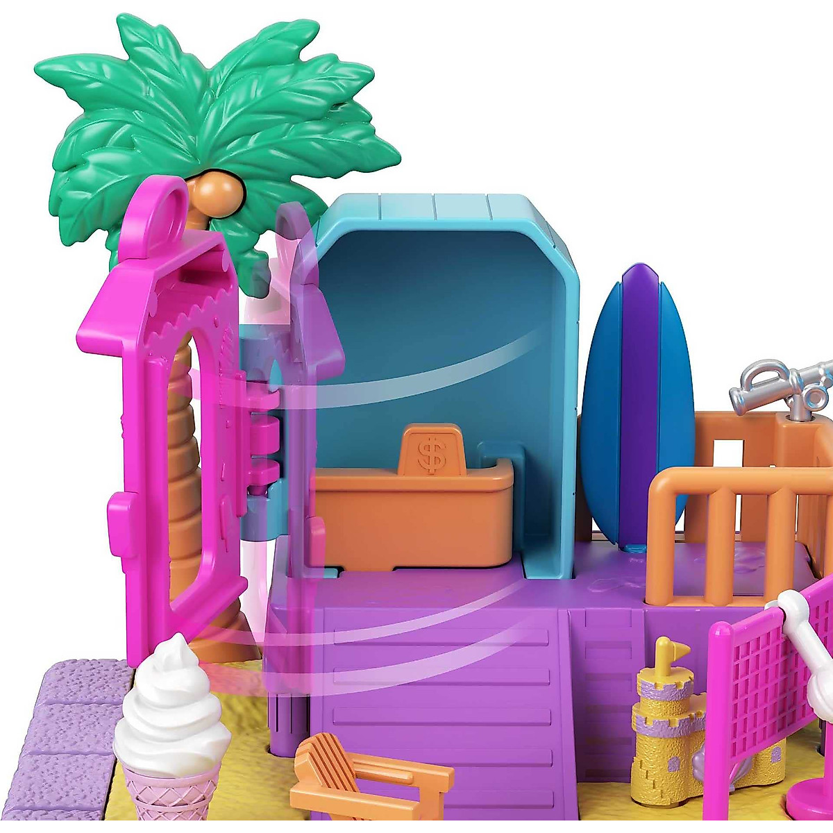 Polly Pocket Pollyville Playset, Sunshine Beach with Micro Doll, Seal Figure, Flamingo Toy Boat & Accessories