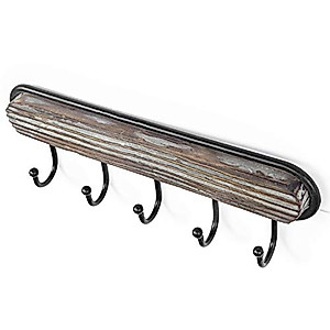MyGift Decorative Wall Mounted Torched Wood Entryway Coat Rack and Key Holder Rack with 5 Hooks and Black Metal Frame