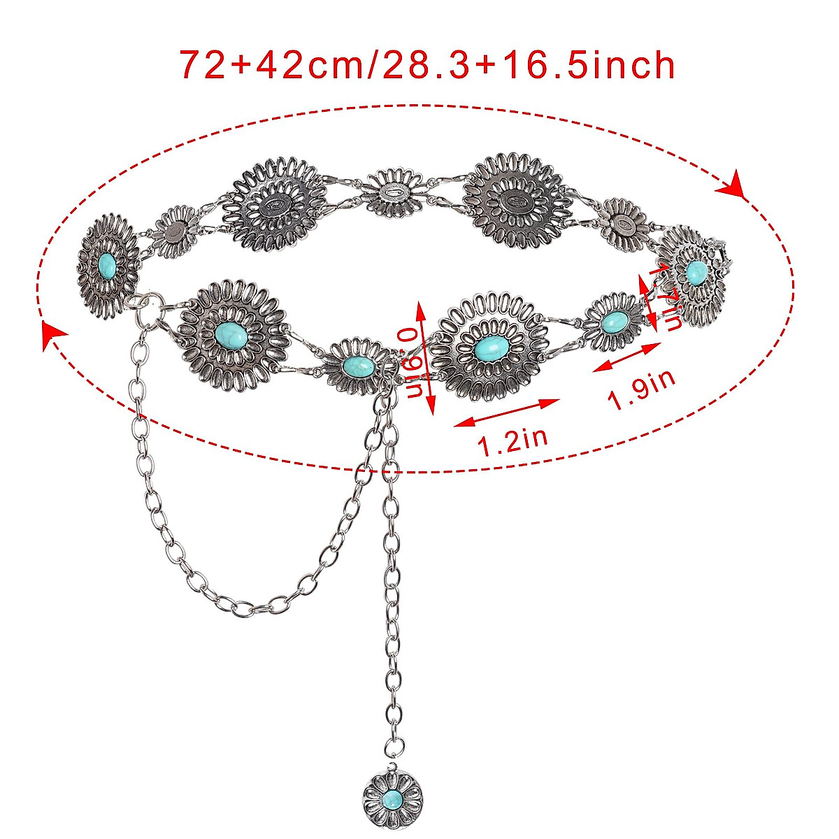 Topbuti Western Metal Oval Concho Chain Belt for Women Cowgirl Turquoise Waist Chain Belt for Dresses Jeans Western (Green)