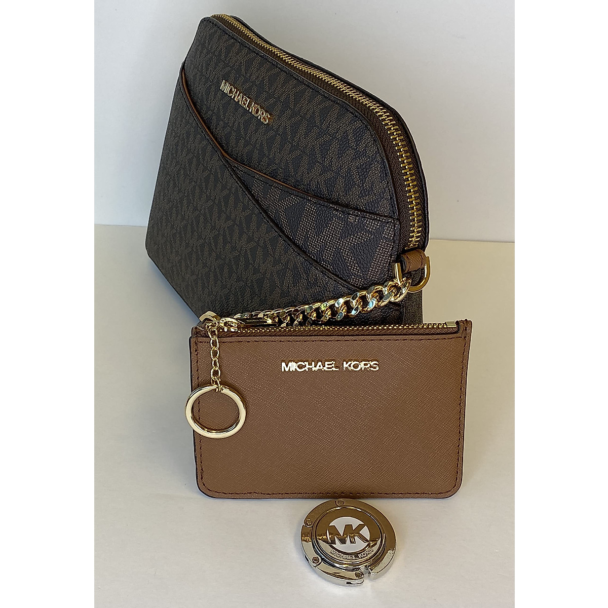 Michael Kors MICHAEL Michael Kors Jet Set Travel MD Dome XCross Crossbody bundled with SM TZ Coinpouch Purse Hook (Signature MK Brown/Luggage)
