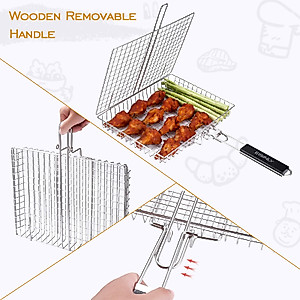 Portable Grill Basket, EISINLY BBQ Grilling Basket for Outdoor Grill with Removable Handle, Stainless Steel Camping Cooking Grill Accessories for Chicken Fish Vegetable, Dad Gifts