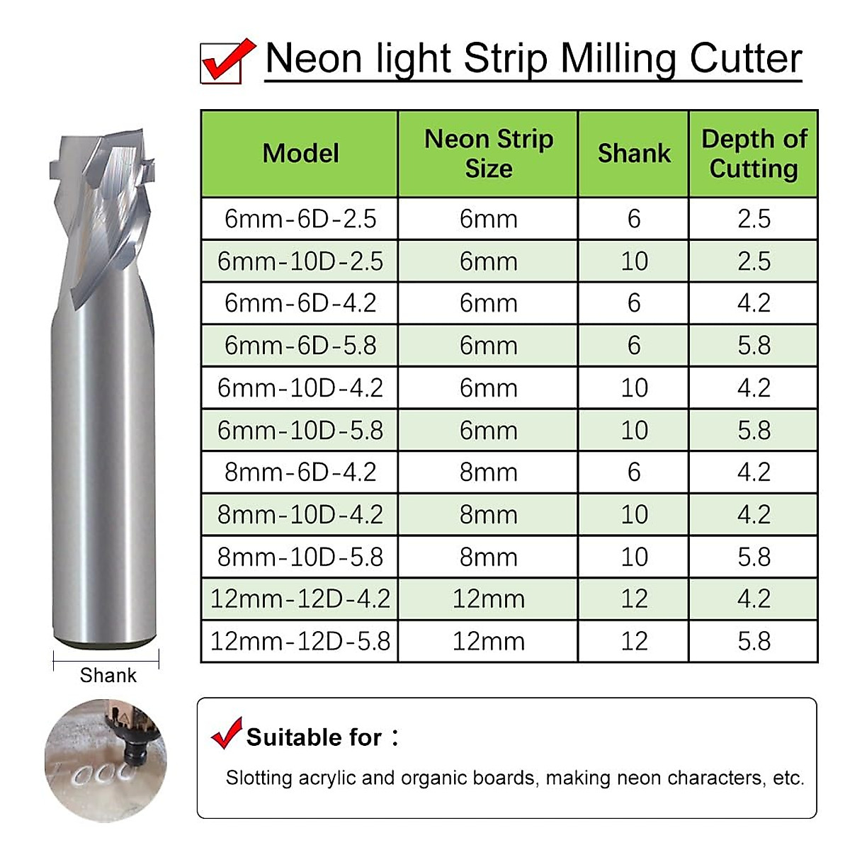 1Pcs CNC Router Bits Engraving Cutter 6mm/8mm Neon Light Strip Slotting Bits Tungsten Carbide Steel End Mill Neon LED Lights Slotting Milling Cutter for Polystyrene Acrylic (6-6D-4.2)