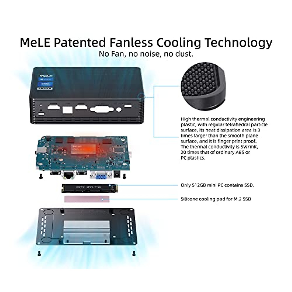 MeLE Fanless Mini PC QuieterHD3 N5105 Windows 11 Pro, 16GB RAM 512GB Mini Computer, WiFi6 BT5.2 Gigabit Ethernet, Support 4K UHD Triple Display, M.2 NVMe SSD, 2.5'' SATA HDD/SSD, Business Home PC