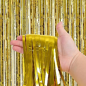 RUBFAC 3pcs 3.3x8.2 Feet Gold Fringe Backdrop Curtains,Tinsel Streamers Birthday Party Decorations,Fringe Backdrop for Birthday Women Bachelorette Wedding Party Decor
