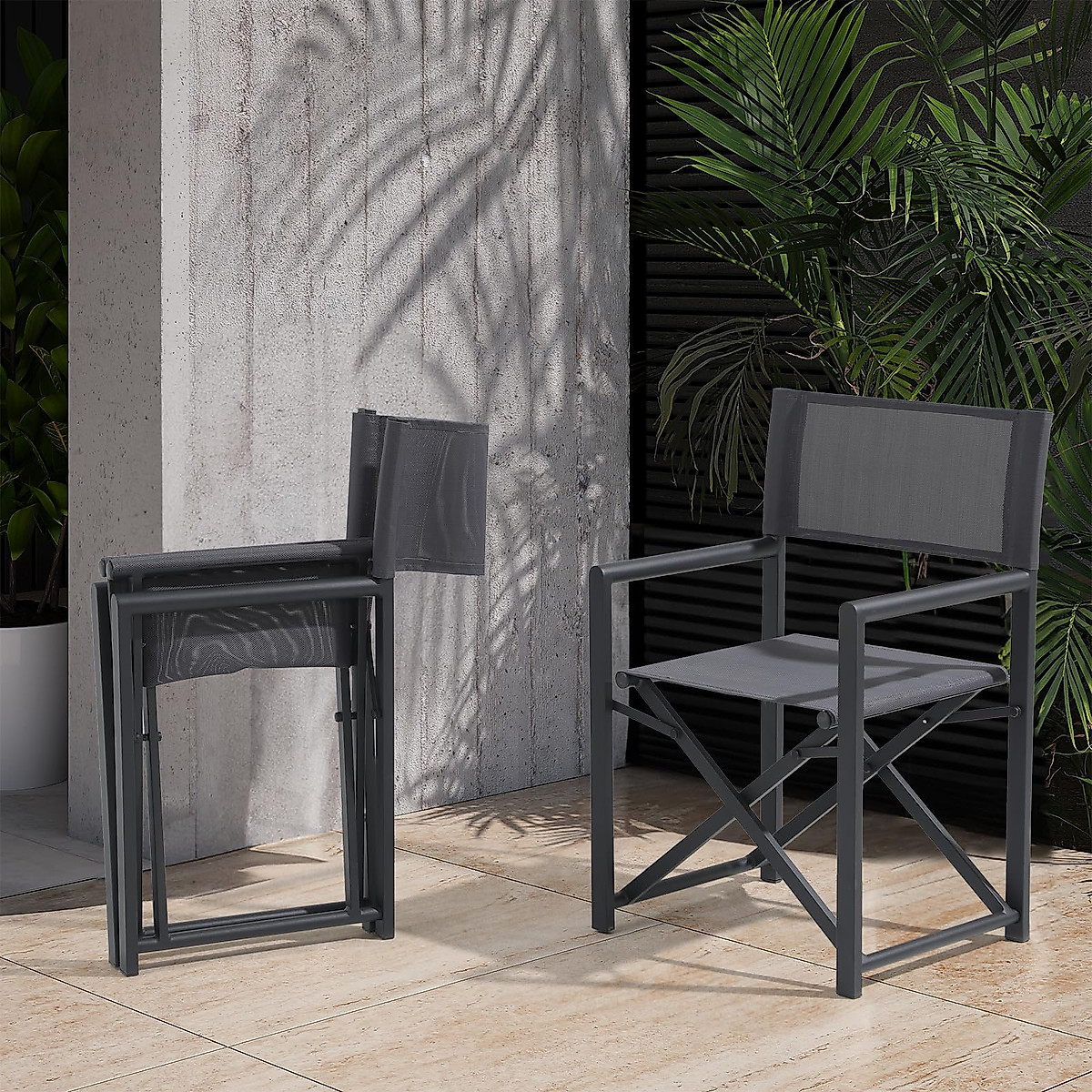 Soleil Jardin Outdoor Folding Director Chair Set of 2, Aluminum Portable Dining Chair Beach Chair for Camping Picnic Garden, Dark Grey Frame