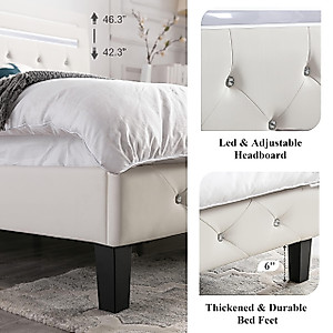 Benevika Full Size Bed Frame with LED Lights, Upholstered Platform Bed Frame, Adjustable Headboard with Charging Station, Wooden Slats Support, Easy Assembly, No Box Spring Needed, White