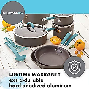 Rachael Ray 87642 Cucina Hard Anodized Nonstick Skillet with Helper Handle, 14 Inch Frying Pan, Gray/Agave Blue