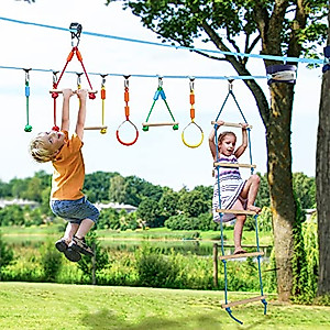 Jugader 2X50ft Ninja Warrior Obstacle Course for Kids with Pulley, Ninja Warrior Slackline Kit with Accessories, Monkey Bars, Gym Rings,Climbing Ladder