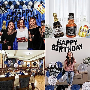 Navy Blue and Black Birthday Decorations for Men Women, Blue and Silver Birthday Party Decorations with Happy Birthday Banner,Fringe Curtains,Happy Birthday Decorations for Boys Girls Party Supplies