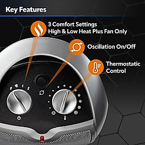 Lasko Oscillating Ceramic Tabletop Space Heater for Home with Adjustable Thermostat, Carrying Handle, 2 Speeds and Fan Only Mode, 11.6 Inches, Silver, 5409