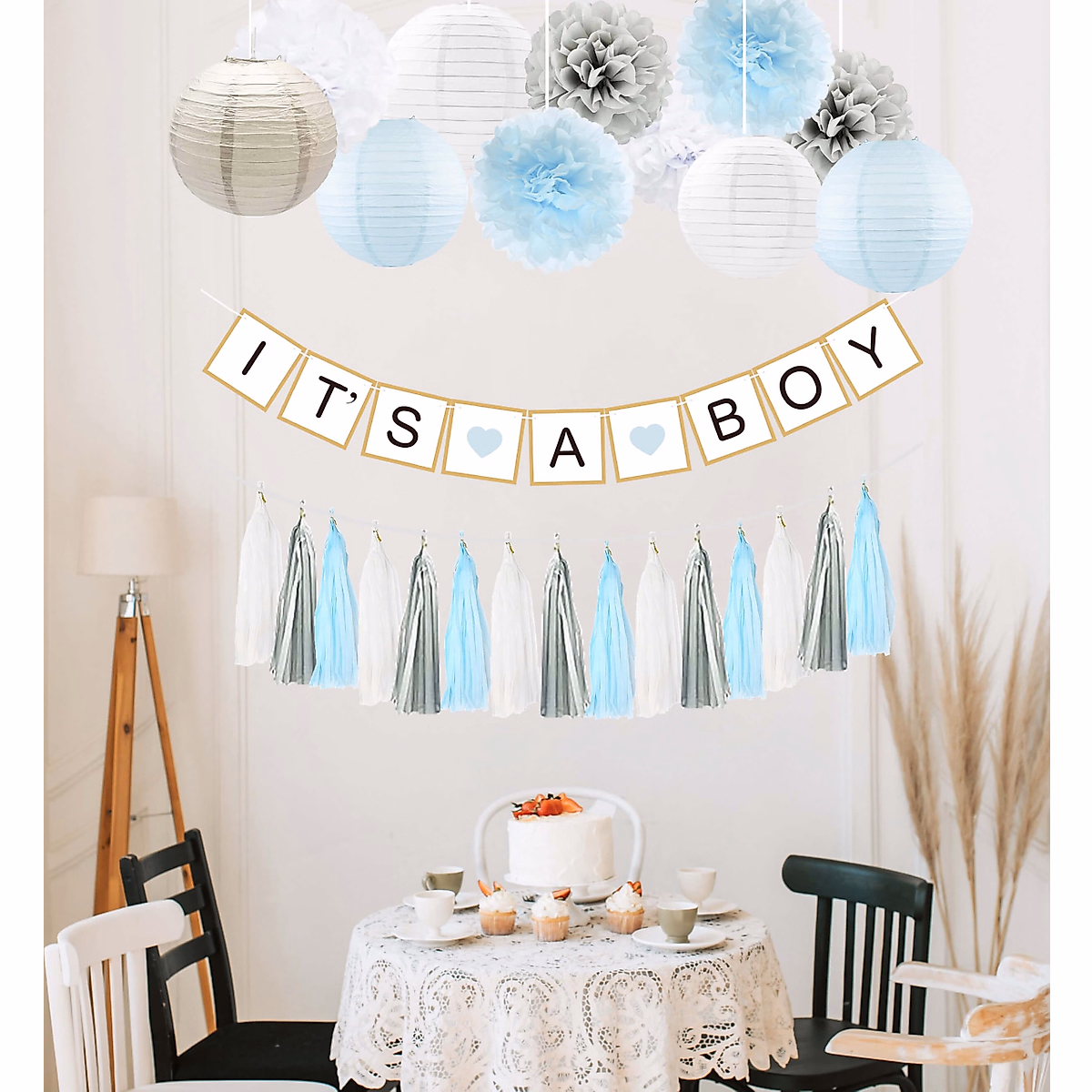 Baby Shower Decorations Boy (Blue, White, Grey)- It's A Boy Banner, Tissue Paper Poms, Paper Lanterns and Tassels Garland- Baby Boy Gender Reveal Birthday Party Decorations