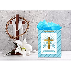 FLYAB First Holy Communion Gift Bag for Girls Boys 11.5" Easter Religious Cross Christian Gift Bag with Tissue Paper Baptism Gift Bag with Handle Christenings Confirmations Gifts for Baby Boys Girls