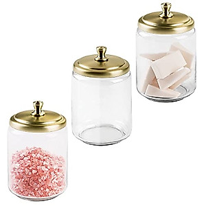 mDesign Small Modern Apothecary Storage Organizer Canister Jars - Glass Containers for Bathroom, Organization Holder for Vanity, Counter, Makeup Table, Hyde Collection, 3 Pack, Clear/Soft Brass