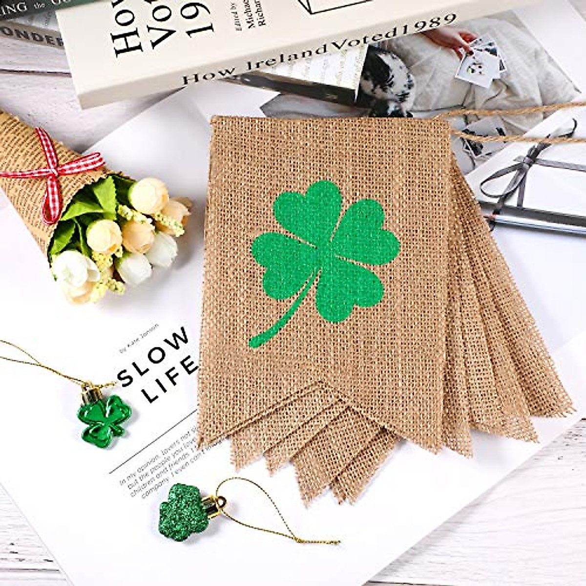 TecUnite 2 String St. Patrick's Day Banners Lucky Garland and Four Leaf Clover Shamrock Banner Irish Burlap Banner for St. Patrick's Day Decoration (Style B)