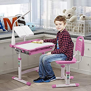 LINKLIFE Kids Functional Desk and Chair Set, Height Adjustable Children School Study Desk with Tilt Desktop, Bookstand, Pencil Case,LED Light, Metal Hook and Storage Drawer for Boys Girls (Pink)…